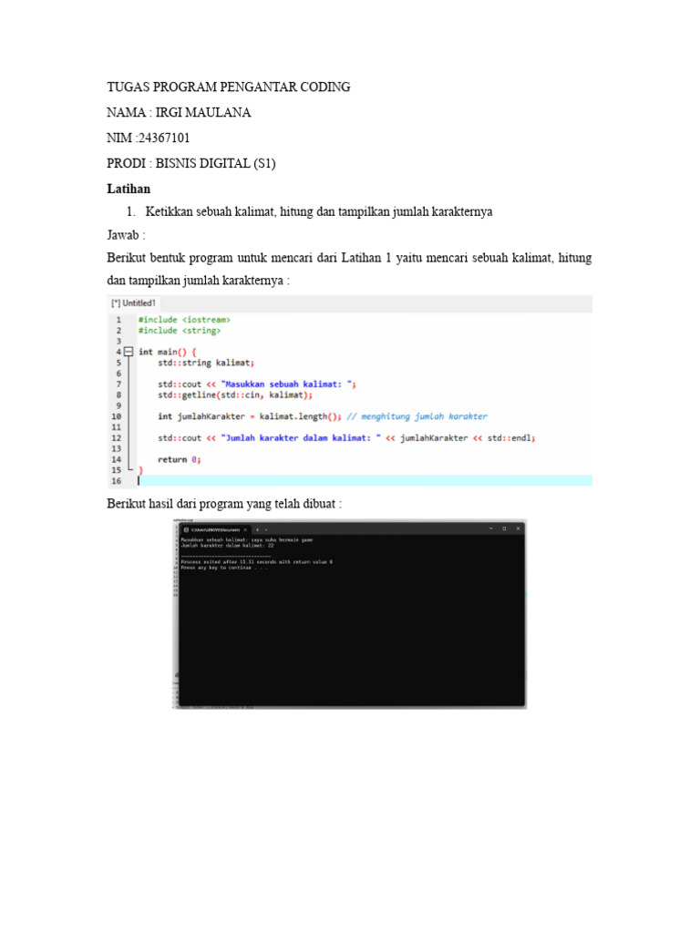 Tugas Pertemuan 7 Pengantar Coding Irghi Maulana (24367101) | PDF