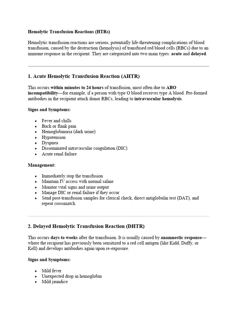 Acute Hemolytic Transfusion Reaction (AHTR) | PDF