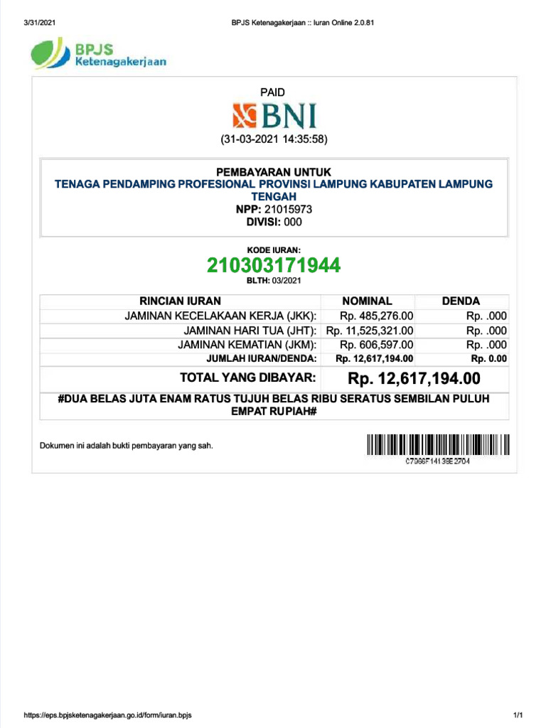 PDF Bukti Bayar Bpjs TK Maret 2021 Kab Lamteng - Compress | PDF