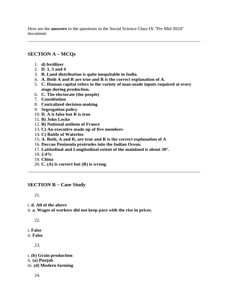 S SC 2024 Pre Mid Class Ix Answers | PDF