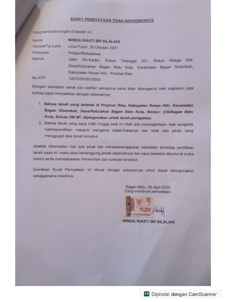 Surat Pernyataan Tidak Bersengketa BN Winda Riasti BR Silalahi | PDF
