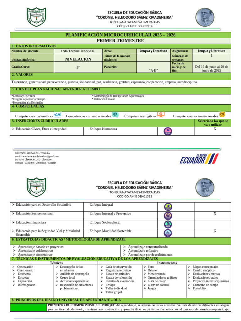 PLANIFICACIÓN - DUA - E - INSERCIÓN - CURRICULAR - ADAPTACIÓN - DIAGNÓSTICO - NIVELACIÓN - LYL ...