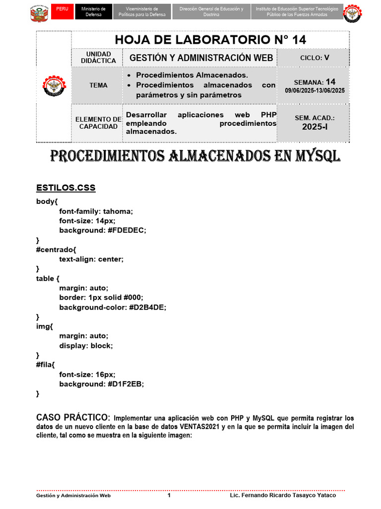 Hoja - Laboratorio #14-Gestion y Administracion Web | PDF | Php | Mi sql