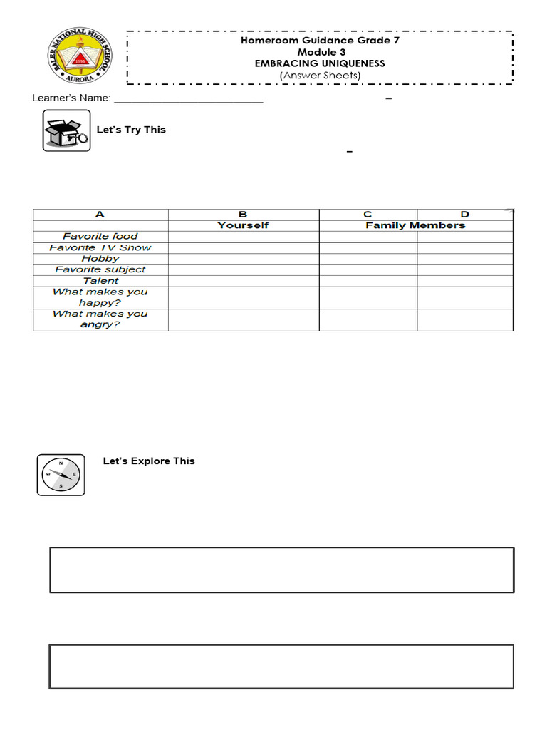 HGP G7 Q1 M3 Answer Sheets | PDF