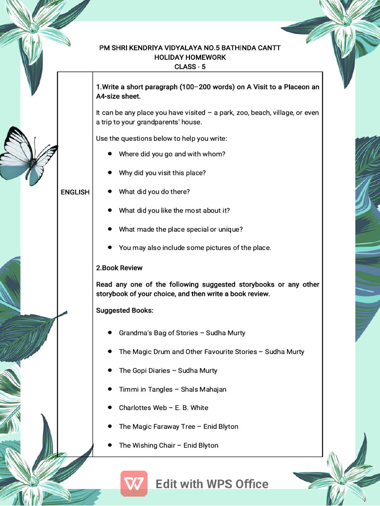 Holiday Homework Class 5 (2025-26) | PDF | Part Of Speech | Linguistic ...