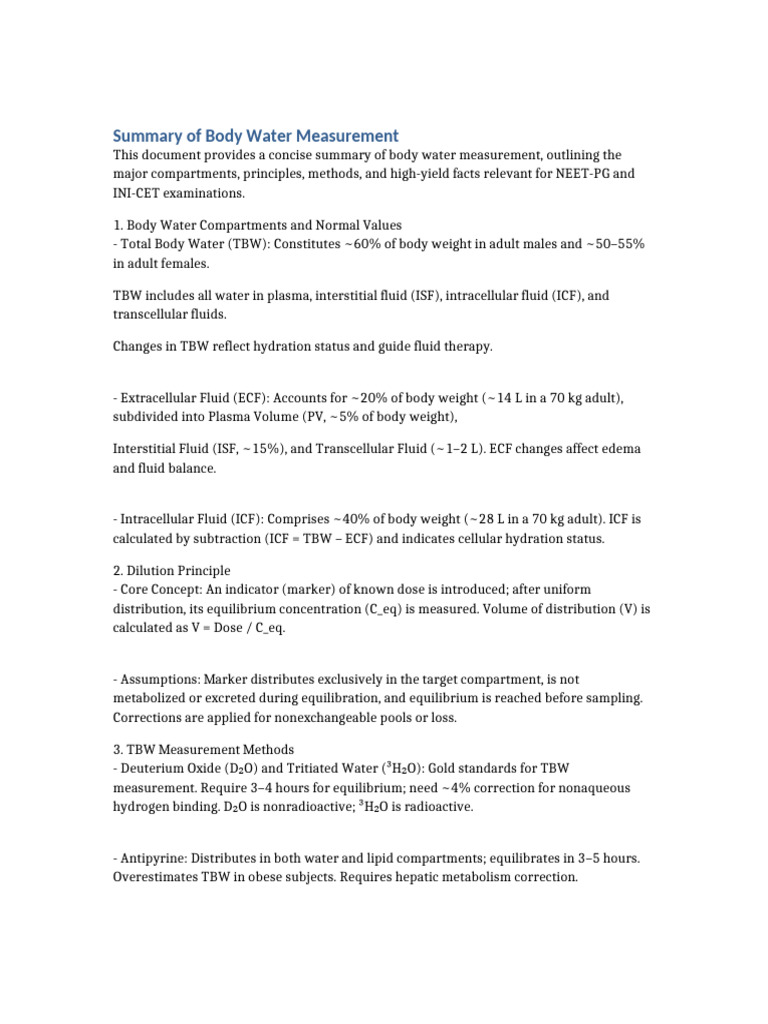 Body Water Composition and Measurement | PDF | Physiology