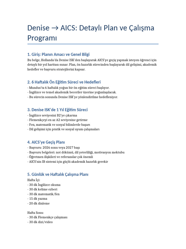 Denise AICS Detayli Plan Calisma Plani FINAL | PDF