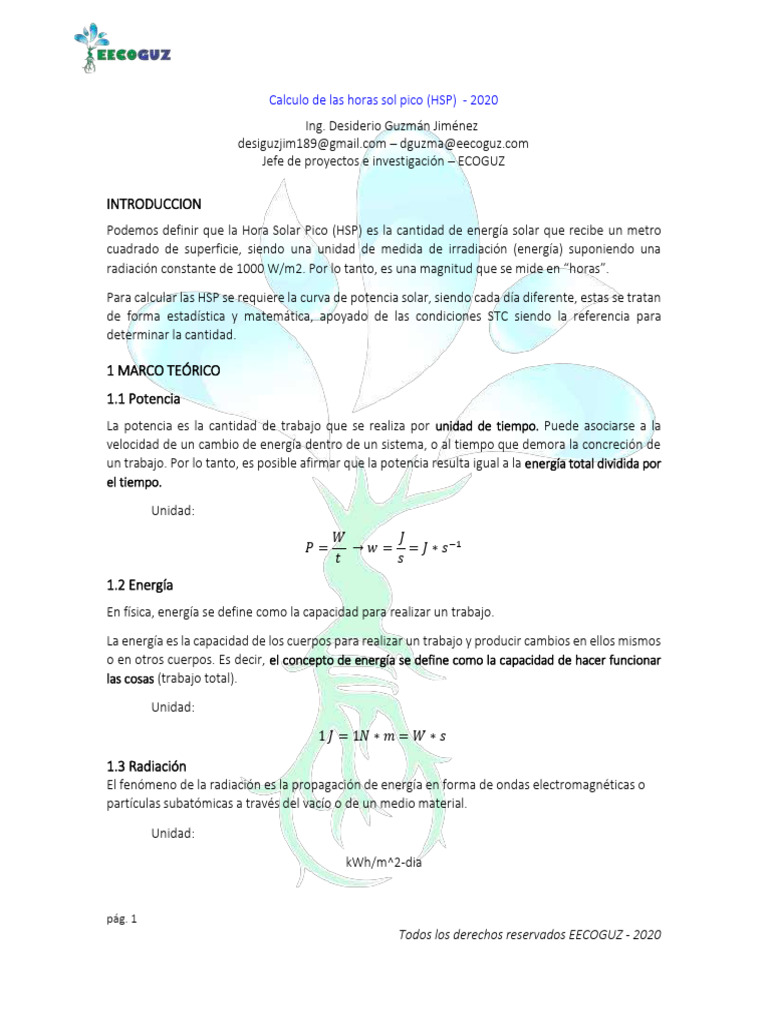 Cálculo de Horas Sol Pico (HSP) 2020 | PDF | Radiación | Panel solar