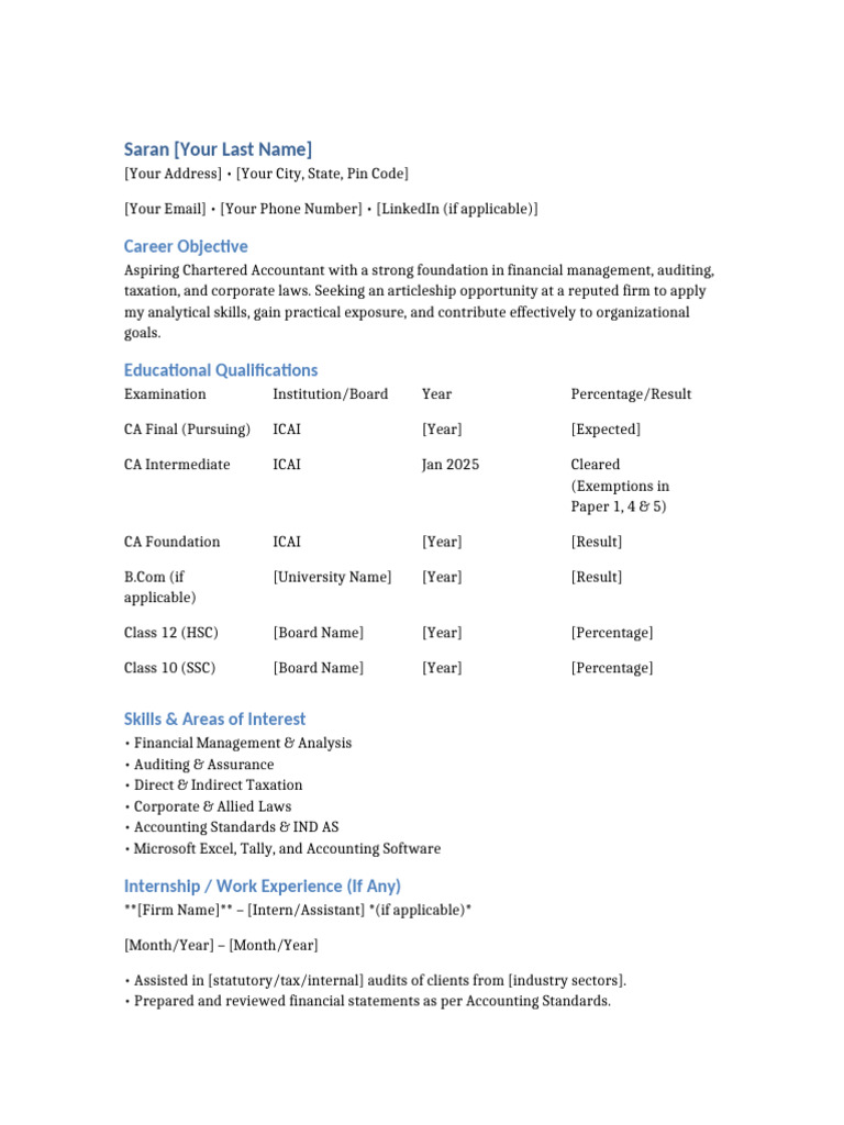 CA Articleship CV Template | PDF | Audit | Accounting