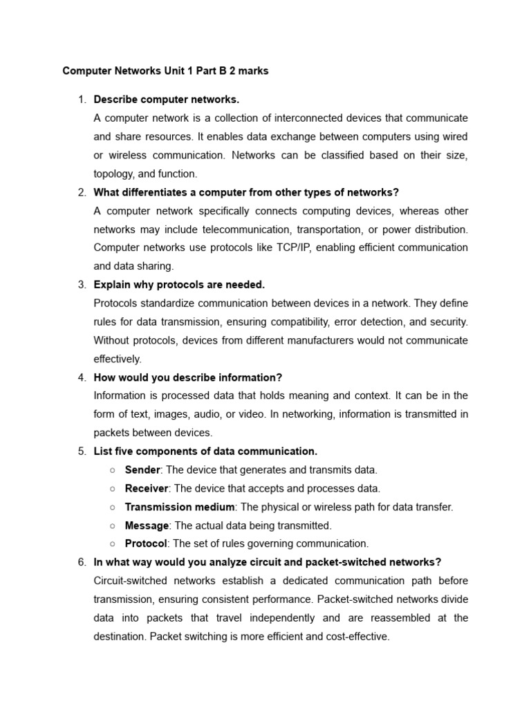 Computer Networks Unit 1 Part B 2 Marks | PDF | Computer Network | Telecommunications