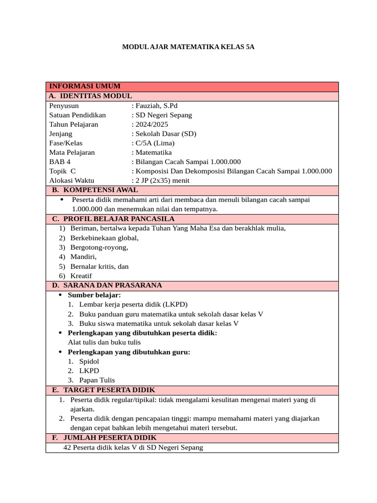Modul Ajar Matematika Kelas 5a | PDF