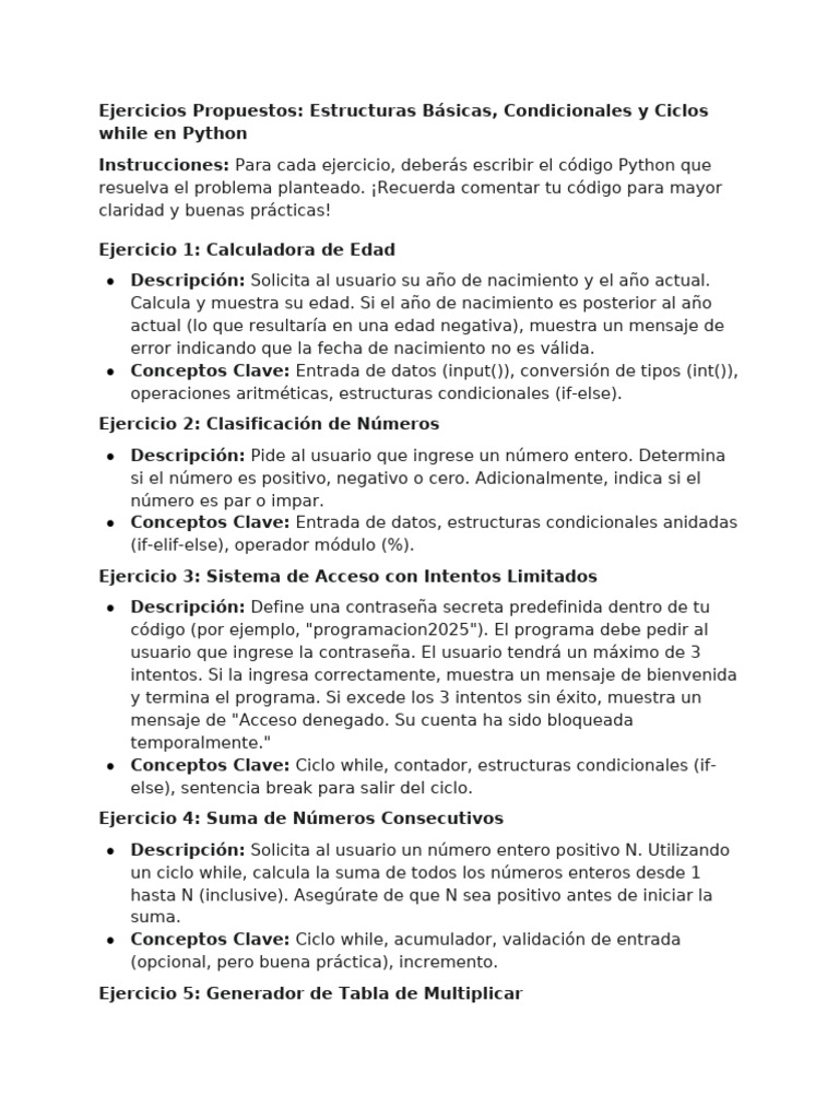 Ejercicios de Python: Condicionales y Ciclos | PDF | Python (lenguaje ...