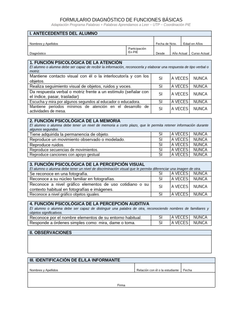 Formulario Diagnóstico de Funciones Básicas | PDF | Percepción | Sicología