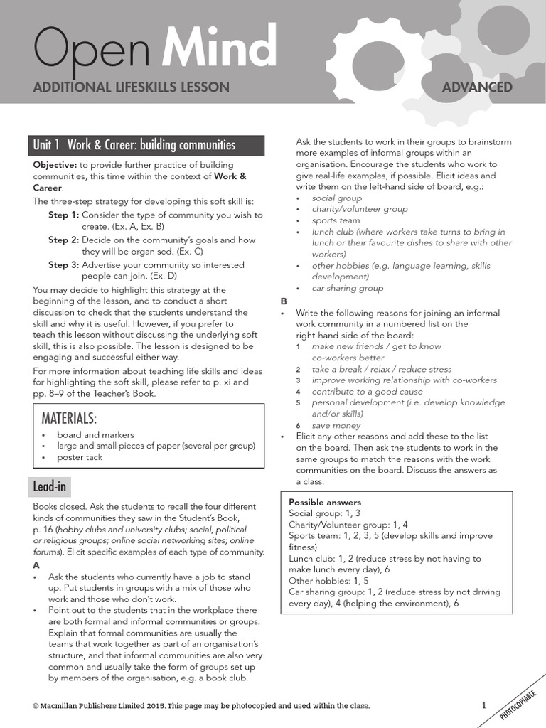 Open Mind Advanced Unit 1 Extra LifeSkills Lesson 2 | PDF | Learning | Cognition