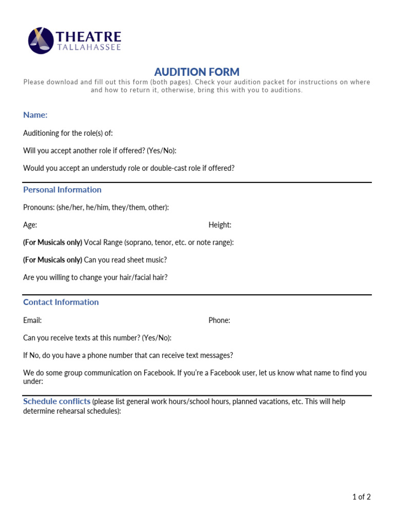 Audition Form for Actors and Performers | PDF