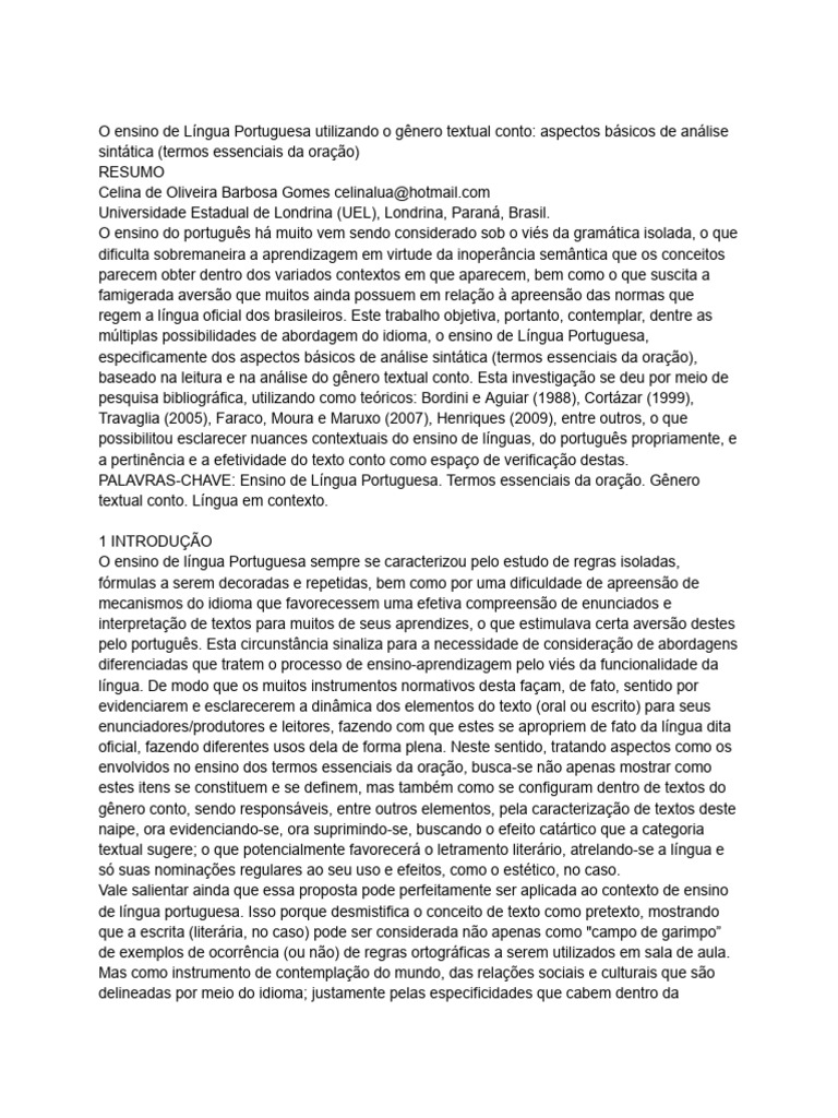 O Ensino de Língua Portuguesa Utilizando o Gênero Textual Conto - Aspectos Básicos de Análise ...