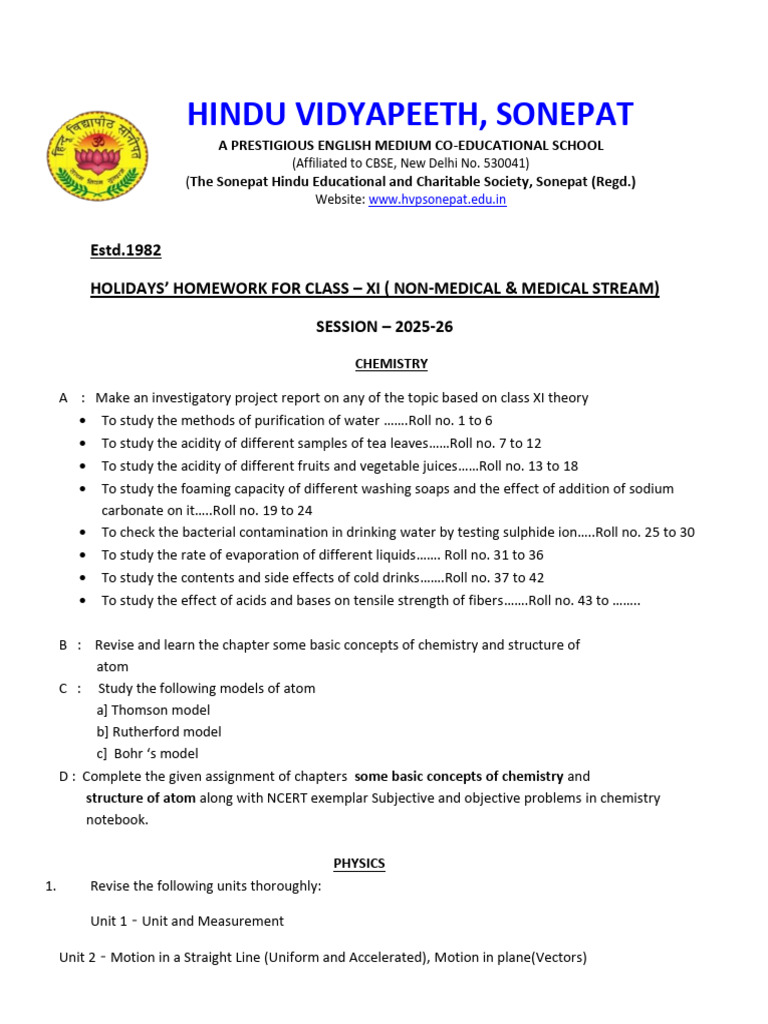 Class XI Holiday Homework Assignments | PDF | Force