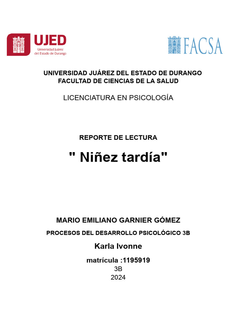 Reporte de Lectura - Niñez Tardía | PDF