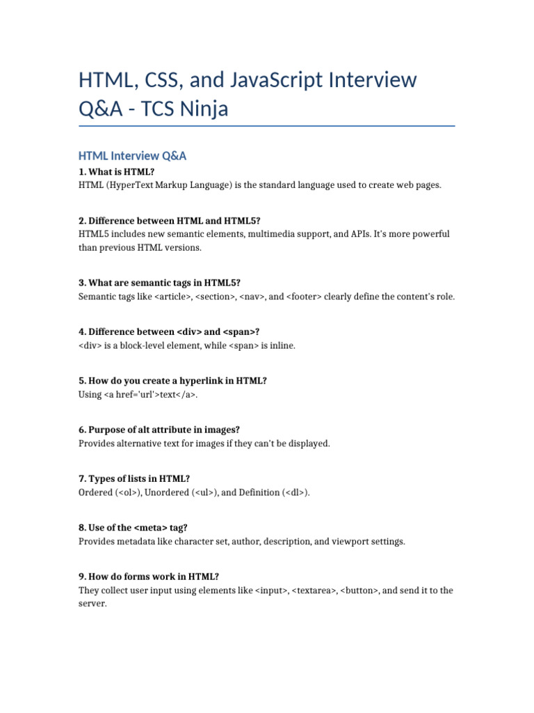 HTML Css Js Interview Qa Tcs Ninja | PDF | Html | Html Element
