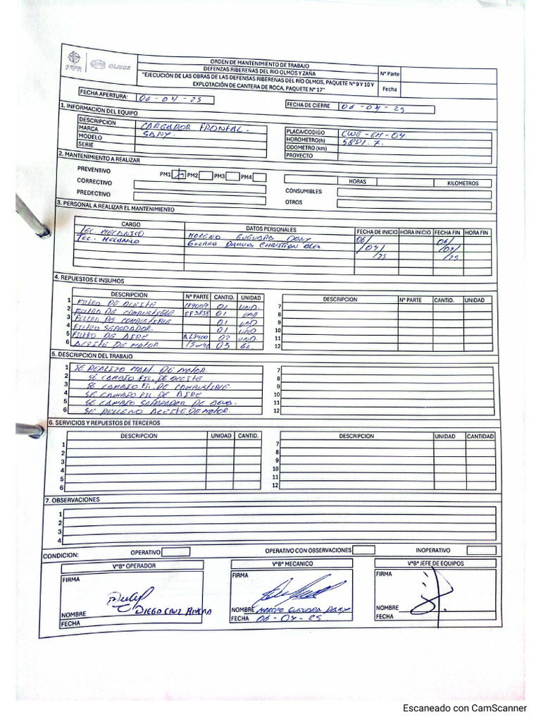 Ejm. Tarjeta de Mantenimiento | PDF