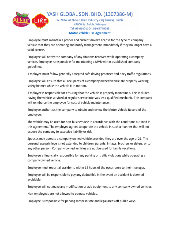 Motor Vehicle Use Agreement | PDF | Occupational Safety And Health ...