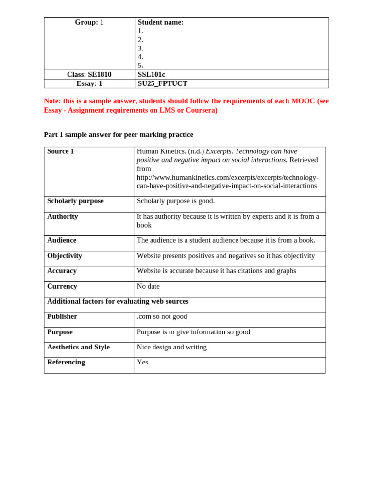 Peer Marking Practice Sample Essay | PDF | Human Communication