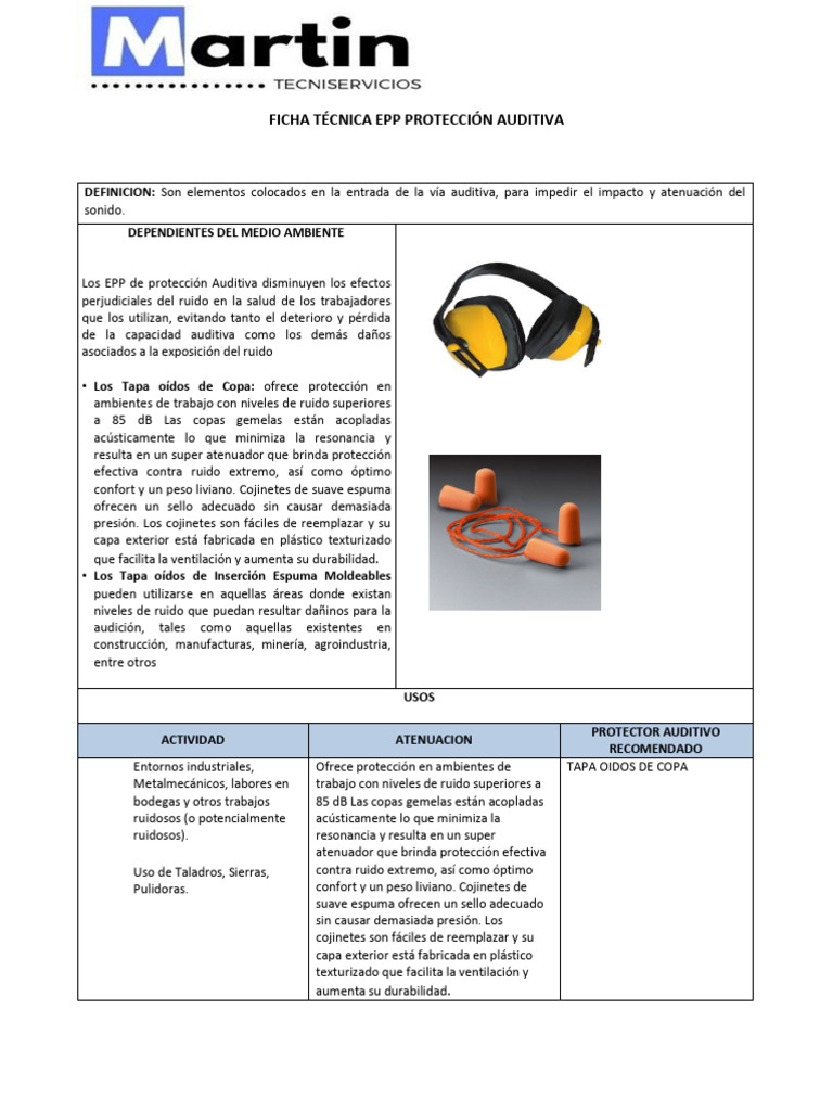 Ficha Tecnica Epp Protección Auditiva | PDF | ruido | Sonido