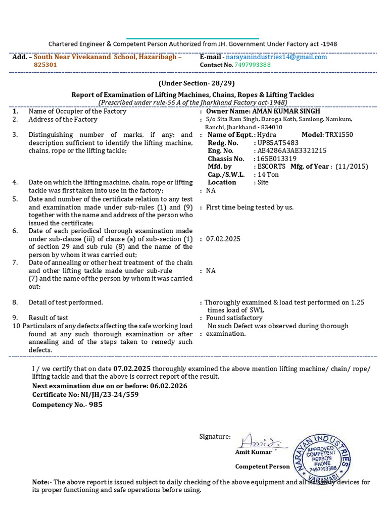 Lifting Equipment Examination Report | PDF | Chess Openings | Chess