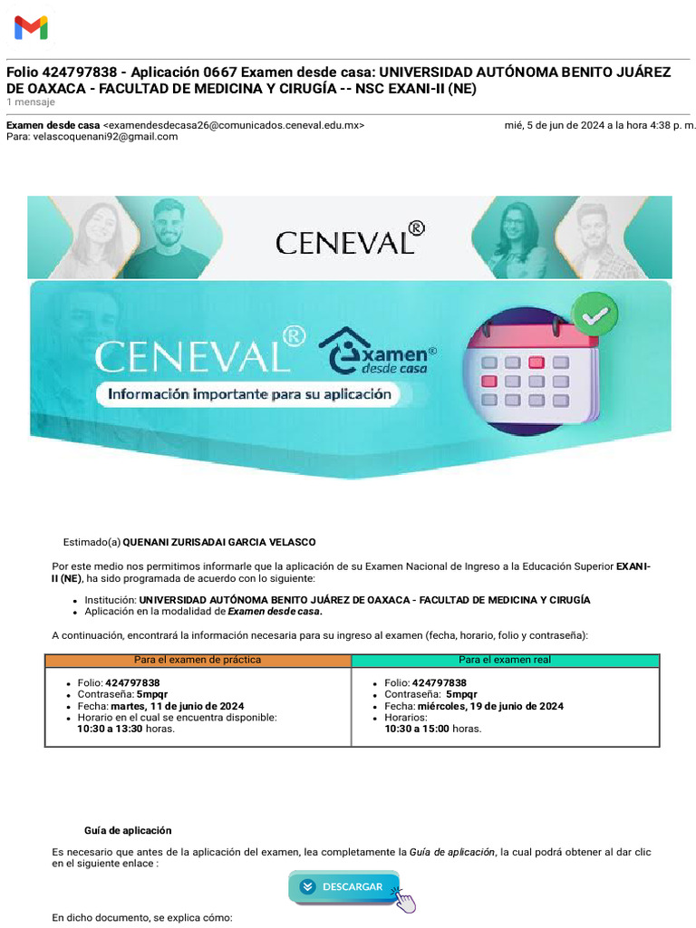 Gmail - Folio 424797838 - Aplicación 0667 Examen Desde Casa - UNIVERSIDAD AUTÓNOMA BENITO JUÁREZ ...