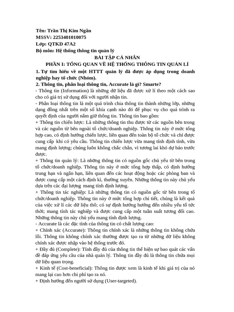 Bài Tập Cá Nhân HTTTQL Phần 1 | PDF