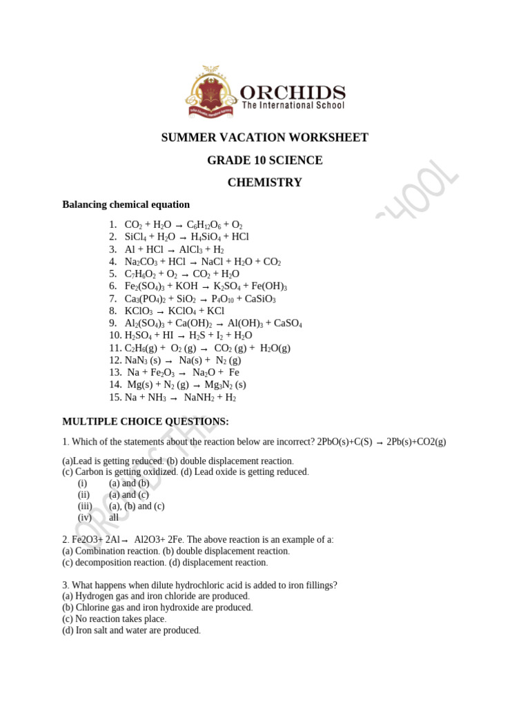 Grade 10 Science Summer Vacation Worksheet | PDF | Mirror | Chemistry