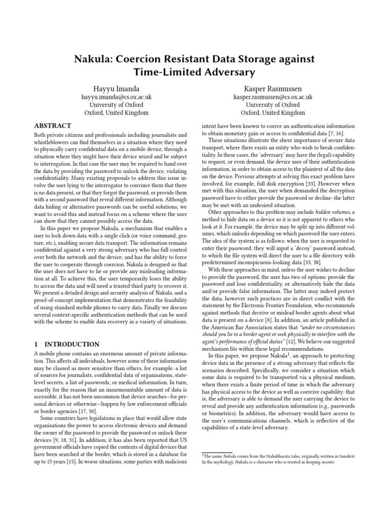 Imanda and Rasmussen 2023 Nakula Coercion Resistant | PDF | Encryption ...