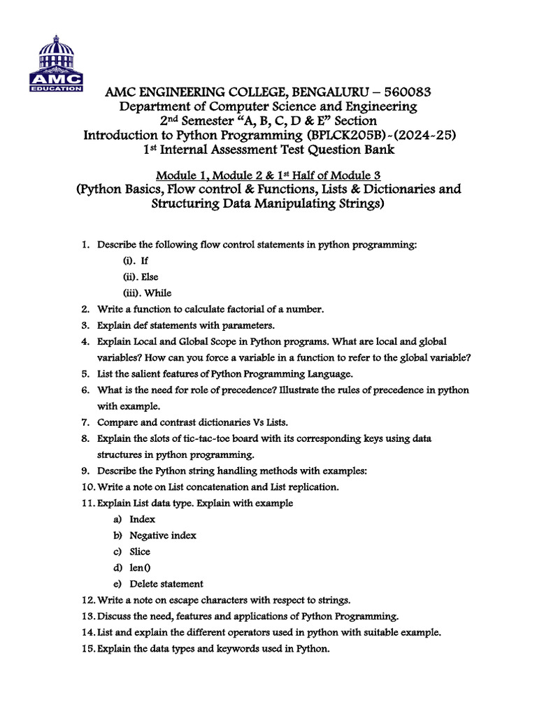 2nd Semester Introduction To Python Programming (BPLCK205B) - 1st IA QB | PDF | Python ...