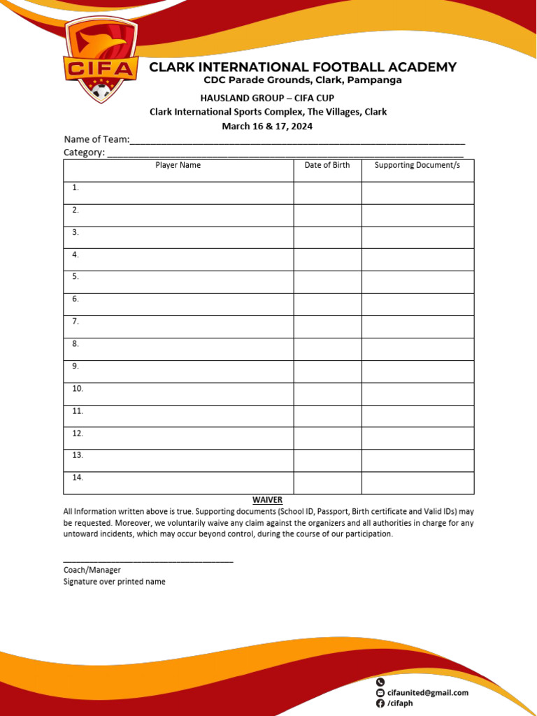 HAUSLAND CIFA Cup 2024 Waiver Form | PDF | Informed Consent | Consent