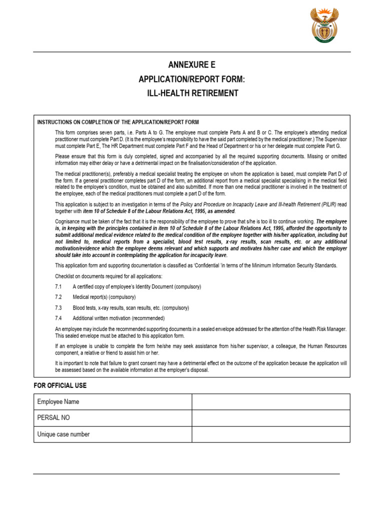 Annexure e - Pilir Application Ill-Health Retirement | PDF | Informed Consent | Employment