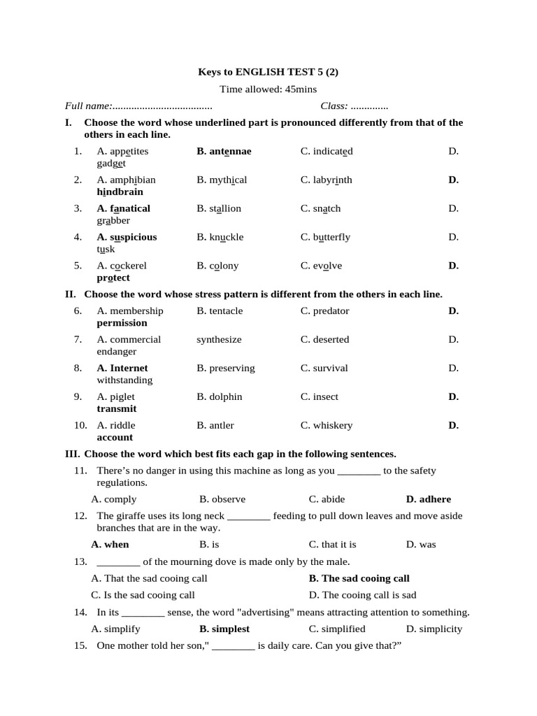 Keys To English Test 5 | PDF | Birds | Penguin