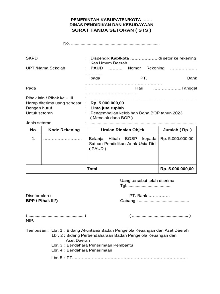 Surat Tanda Setoran Pengembalian BOP | PDF