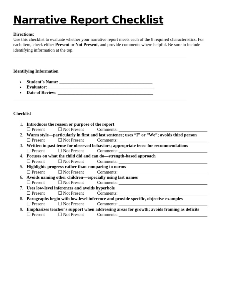 Narrative Report Evaluation Checklist | PDF