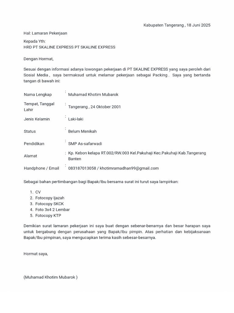 Lamaran-Pt Skaline Express | PDF