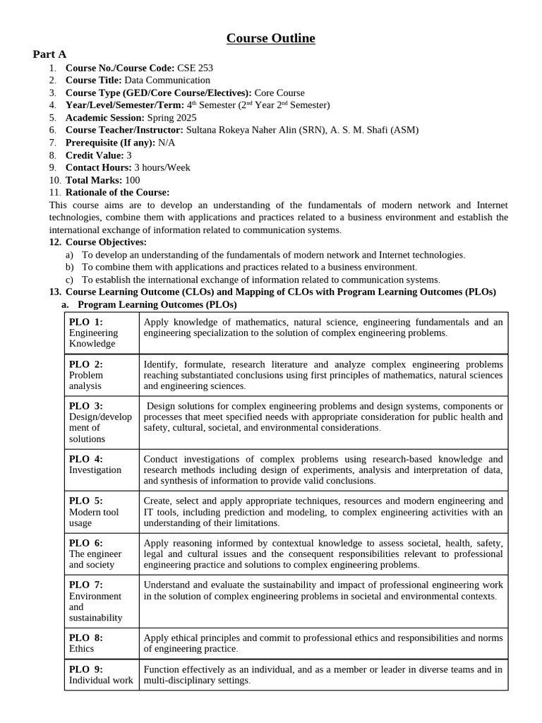 CSE 253: Data Communication Course Outline | PDF | Engineering ...