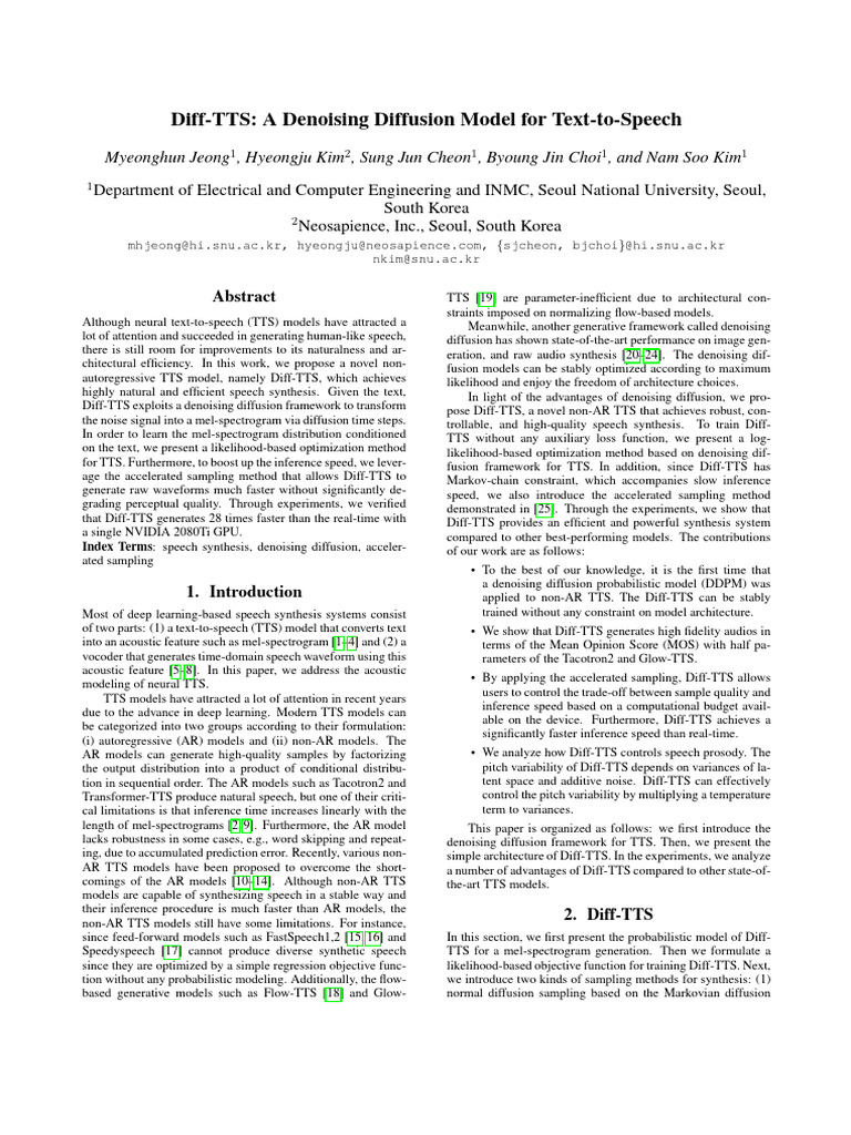 Diff-TTS: Efficient TTS via Diffusion | PDF | Speech Synthesis ...