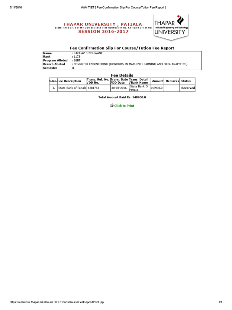 TIET Fee Confirmation Slip For Course Tution Fee Report | PDF
