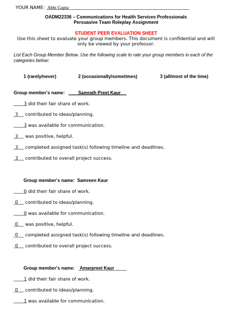 Persuasive Team Roleplay Peer Evaluation Sheet - FILLABLE | PDF | Human ...