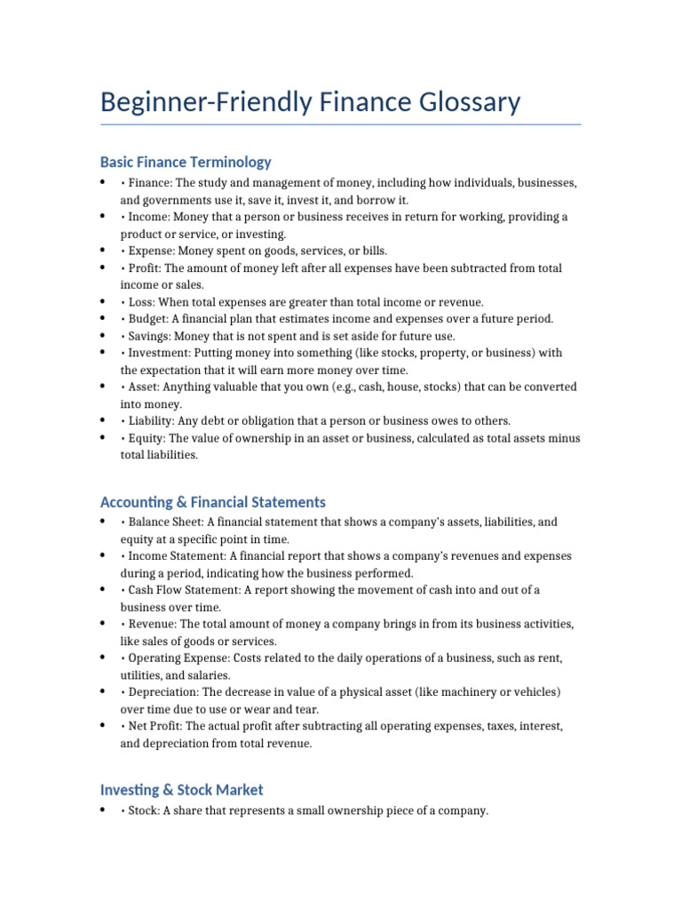 Beginner Finance Glossary | PDF | Stocks | Loans