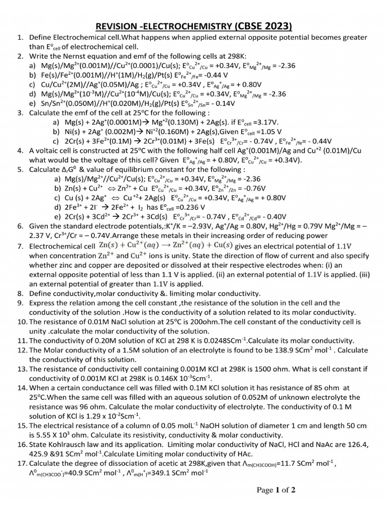 Worksheet Electrochemistry | PDF