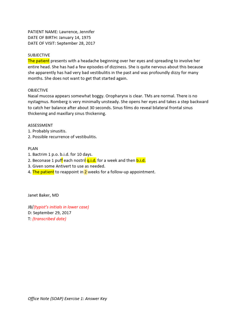 Office Note (SOAP) Exercise 1 - Answer Key | PDF