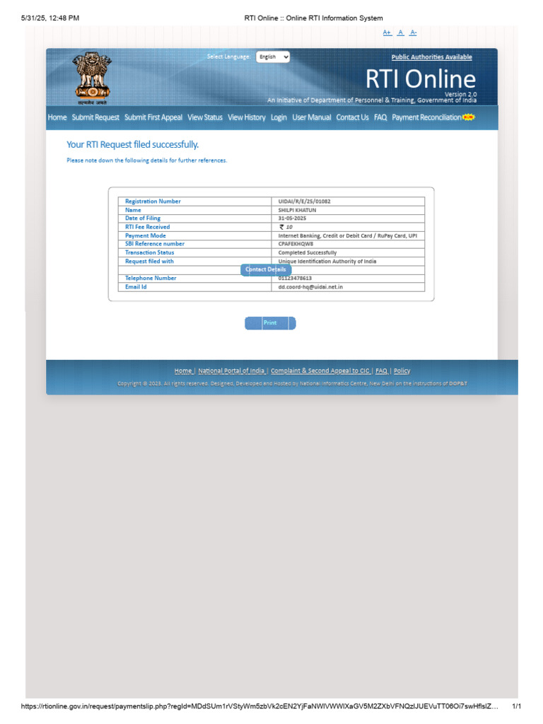 RTI Online Request Confirmation | PDF | Payments | Banking Technology