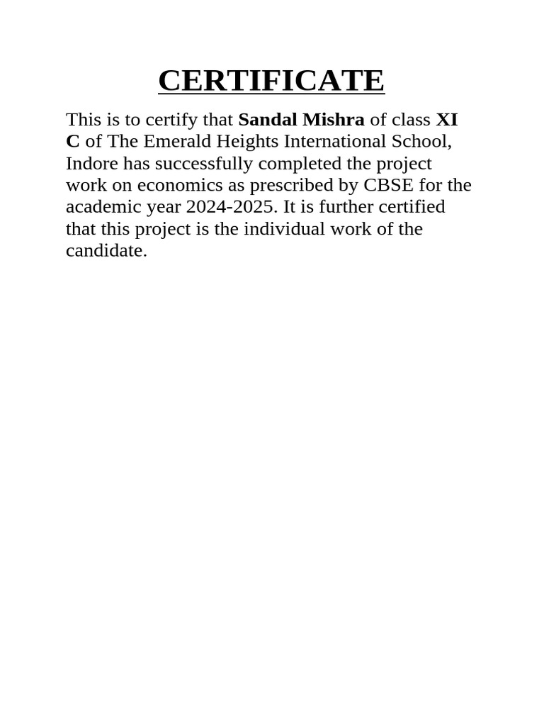 Economics Project Certificate for XI C | PDF