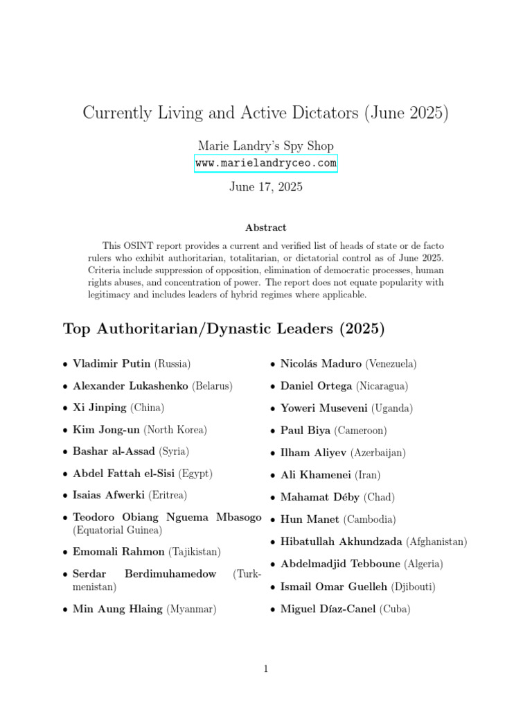 Current Dictators and Authoritarian Leaders 2025 | PDF ...