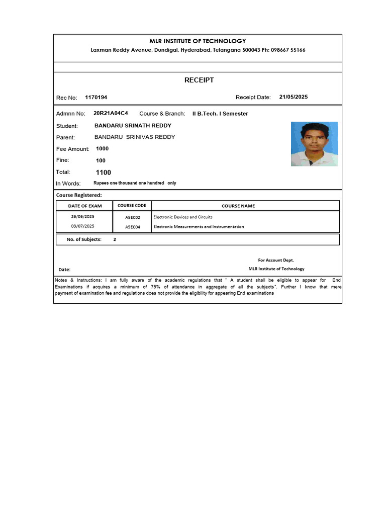 B.Tech Exam Fee Receipt - MLR Institute | PDF
